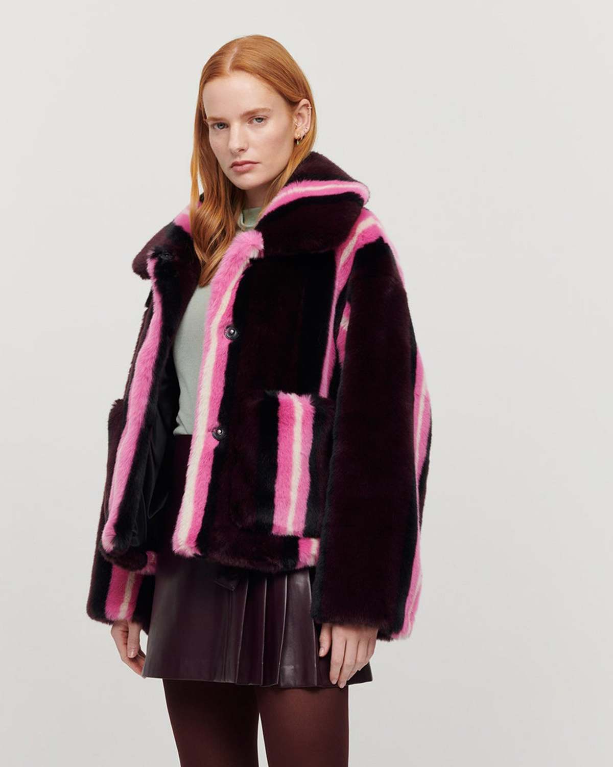 Jakke Traci Cropped Faux Fur Jacket - Burgundy Stripe | Garmentory