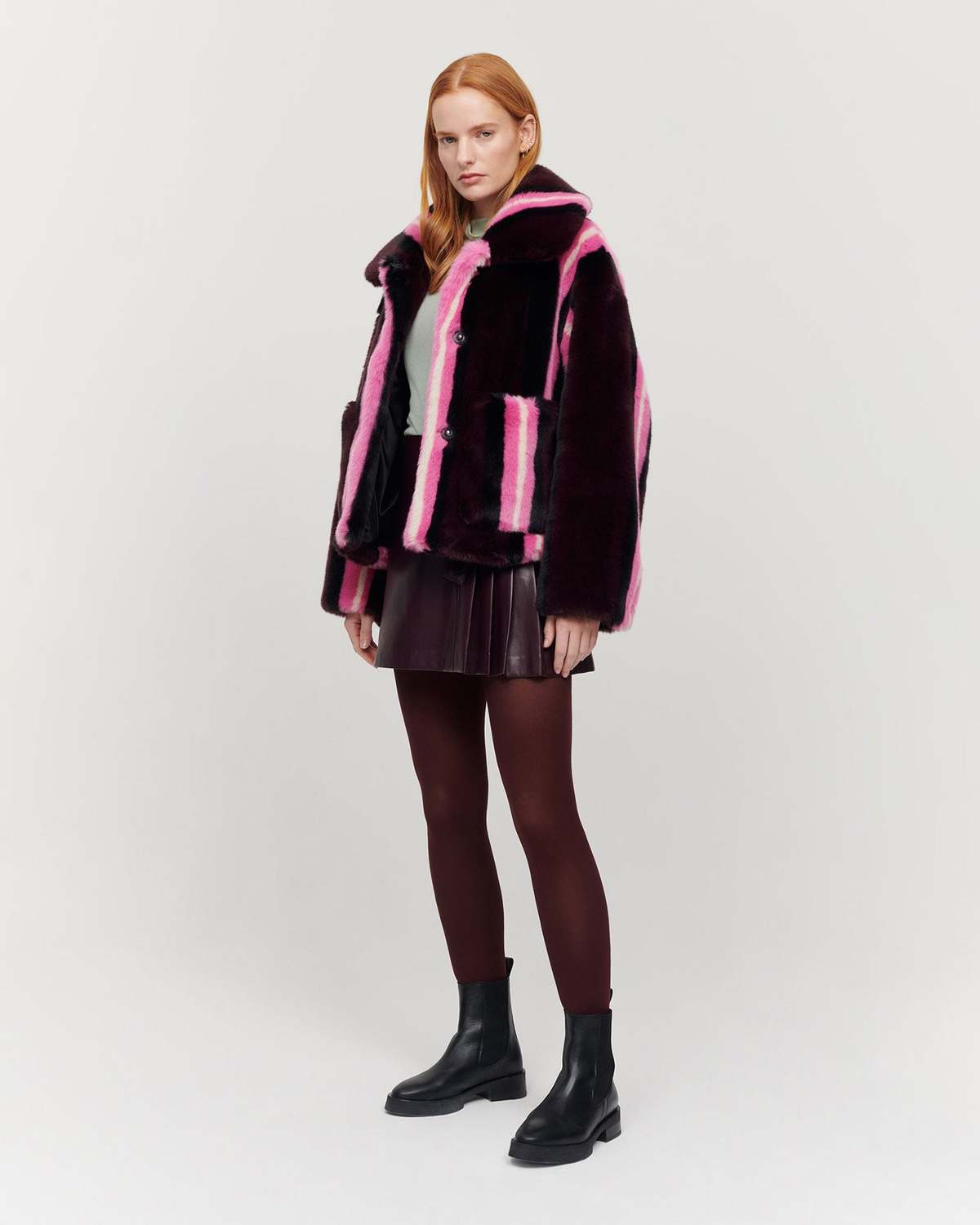 Jakke Traci Cropped Faux Fur Jacket - Burgundy Stripe | Garmentory