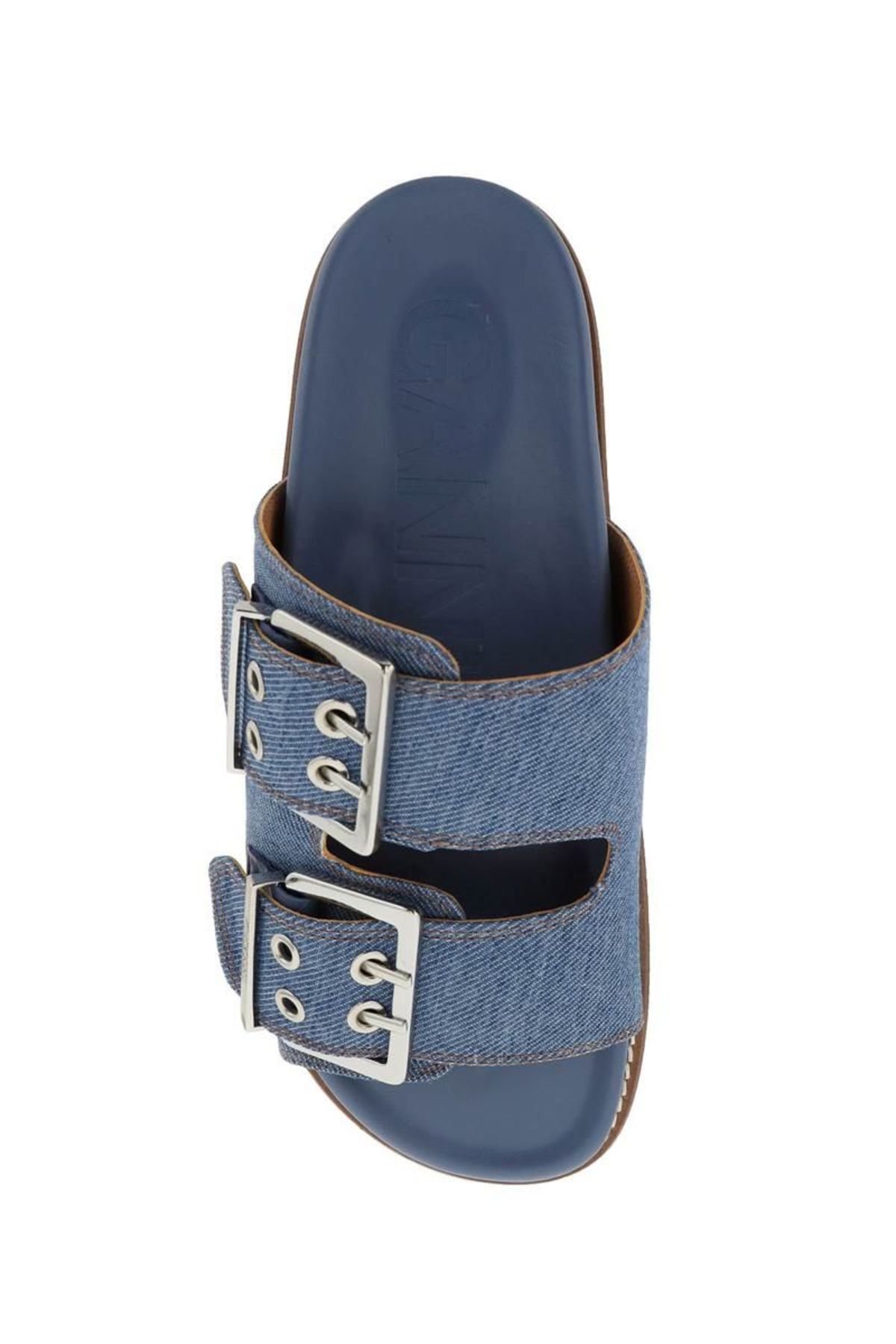 Ganni denim double strap slides - Blue | Garmentory