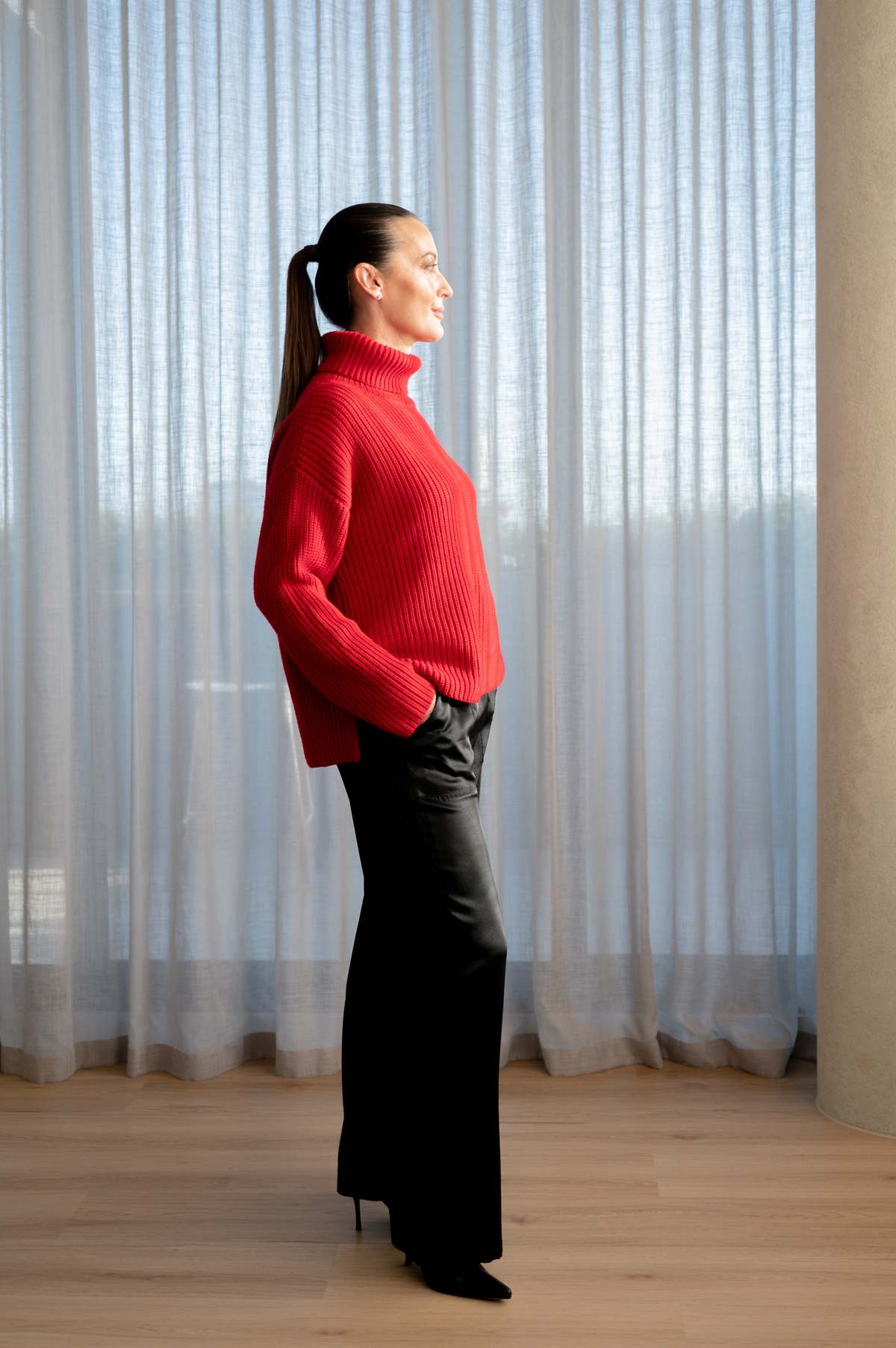 Lindsay Nicholas New York Textured Turtleneck - Elizabeth Red | Garmentory