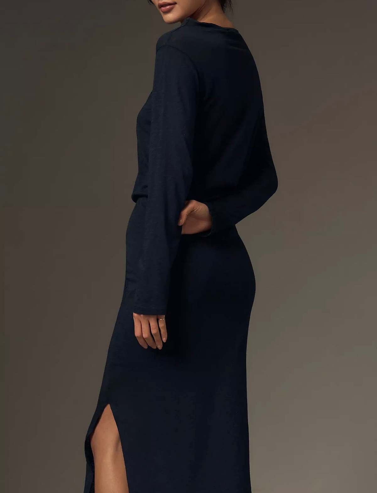 Stateside Supima Slub L/S Drape Neck Midi Dress - New Navy | Garmentory