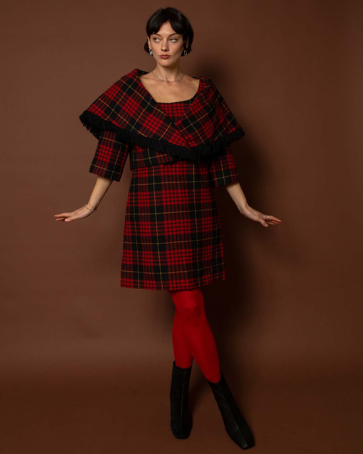 Shift Dress with Matching Capelet - Plaid | Garmentory