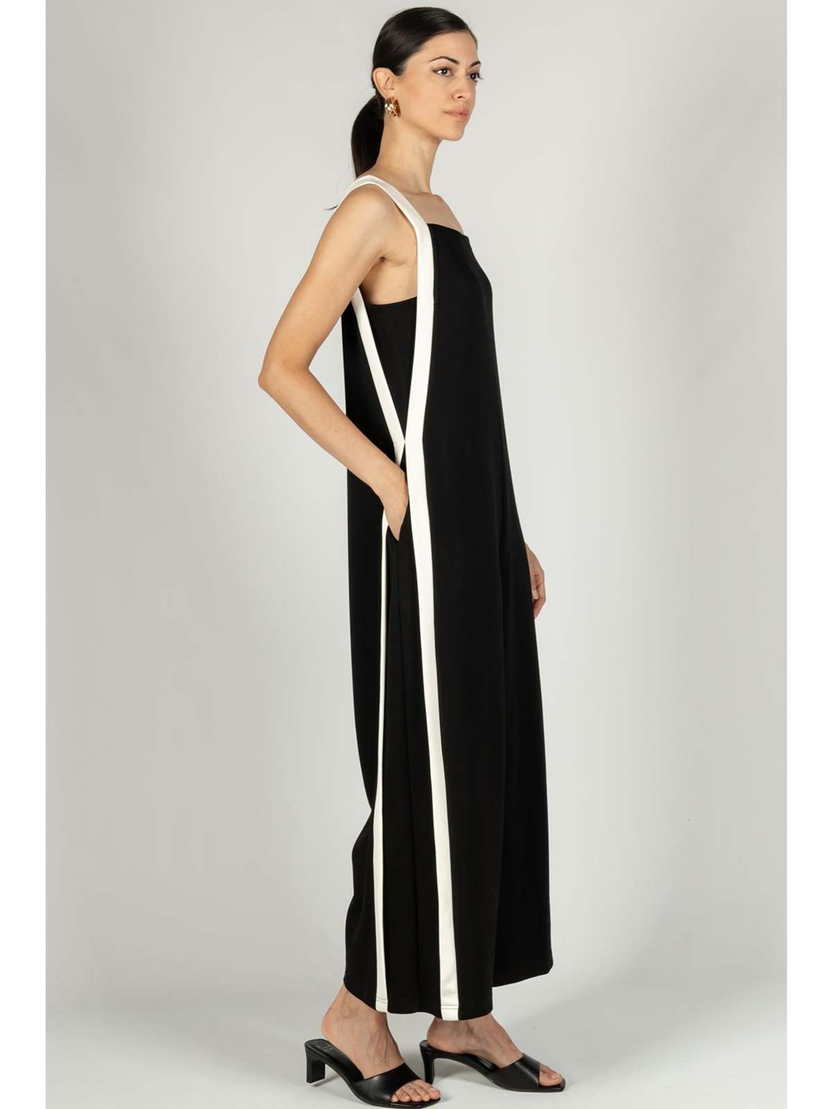 P.Cill Ivy Scuba Modal Contrast Stripe Jumpsuit - Black/Cream | Garmentory