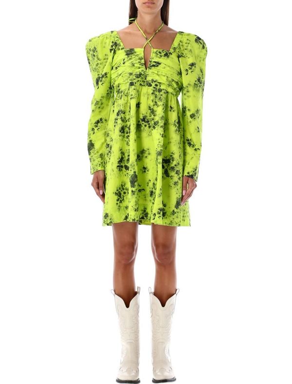 Ganni Printed Cotton Mini Dress - FLUO GREEN | Garmentory