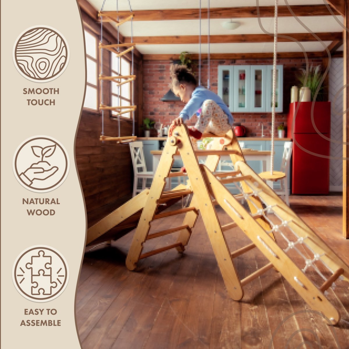 3in1 Montessori Climbing Frame Set: Triangle Ladder + Net + Slide Board ...