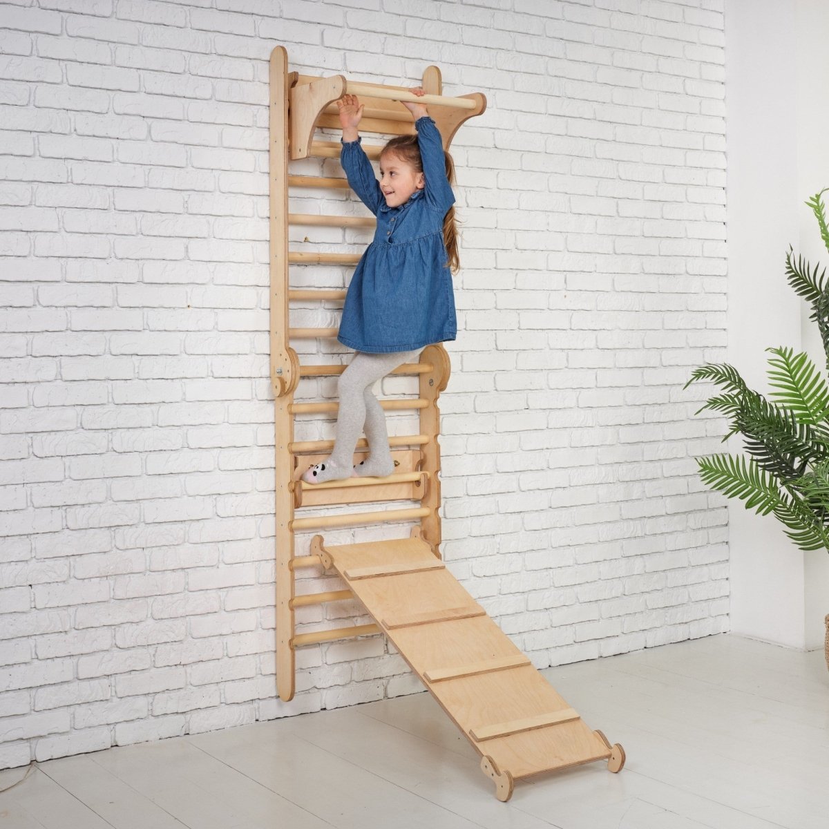 5in1: Wooden Swedish Wall / Climbing Ladder for Children + Swing Set ...