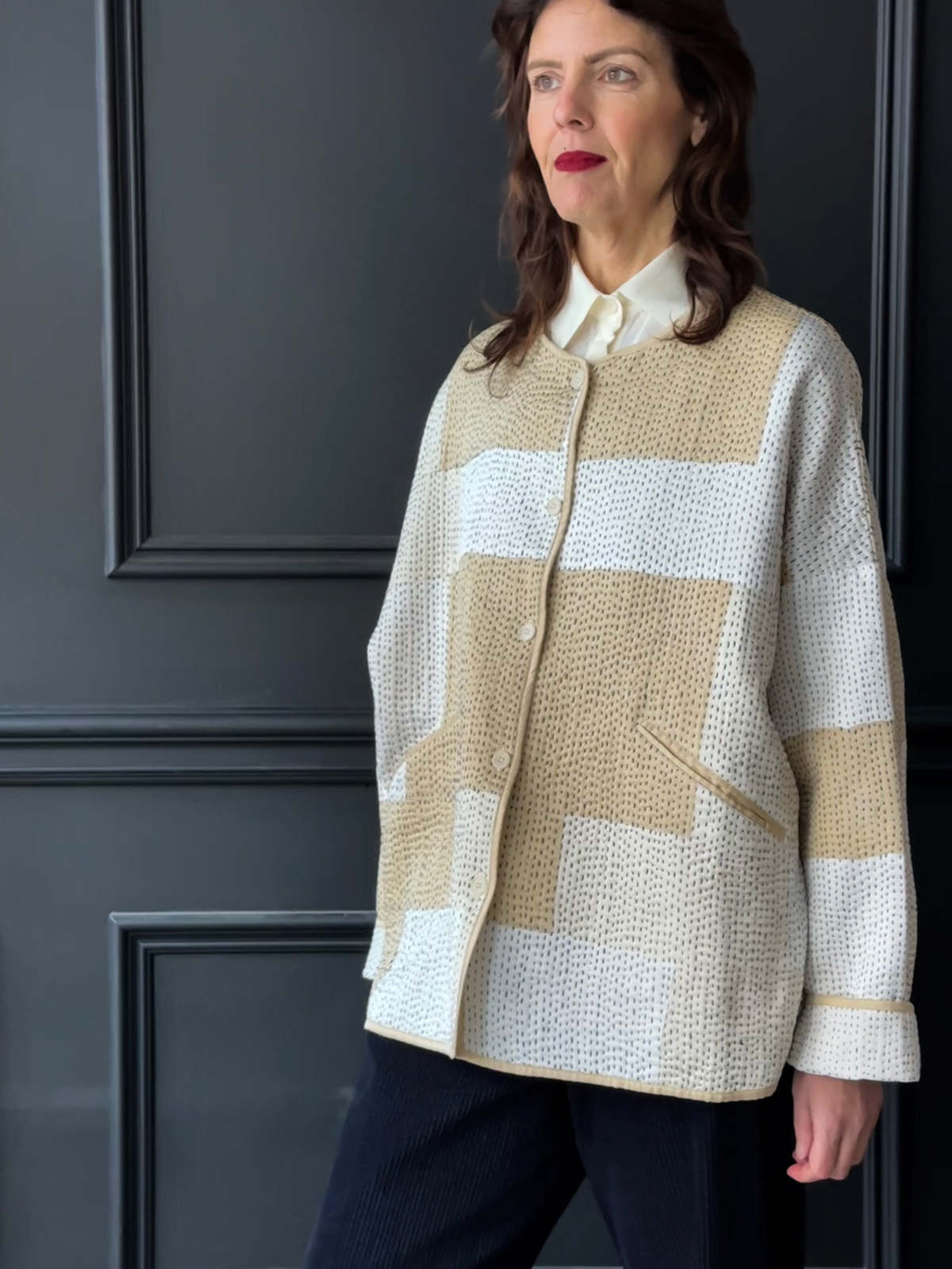 Mii Collection Kantha Embroidered Jacket - Beige | Garmentory