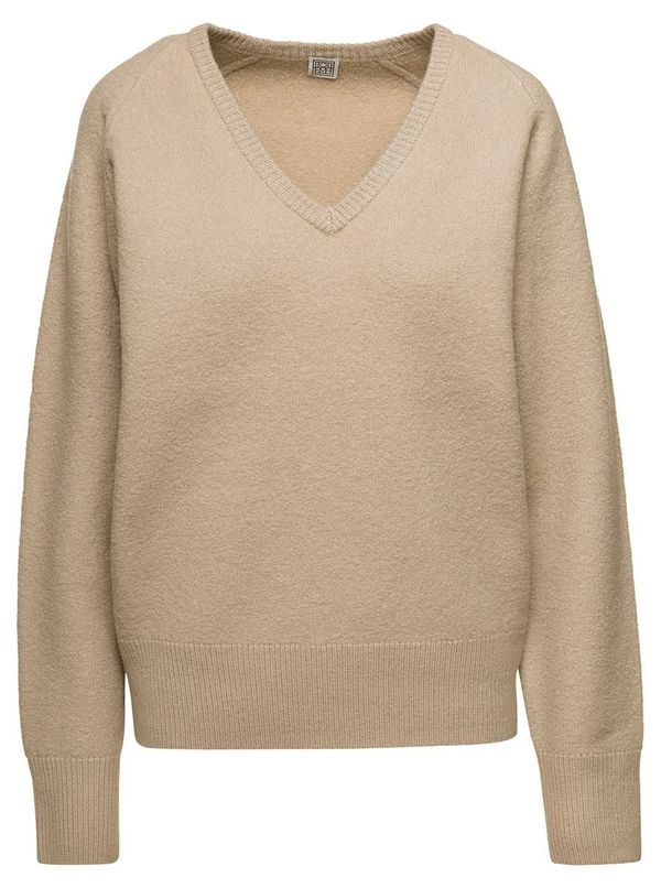 Beige Sweater with V Neckline in Wool Woman | Garmentory
