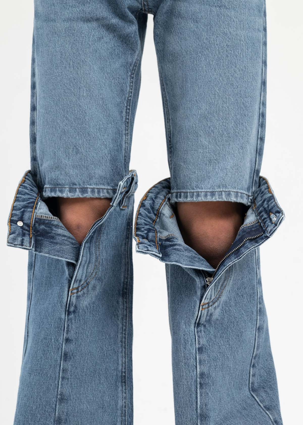 Coperni WASHED BLUE OPEN KNEE JEANS - Blue | Garmentory