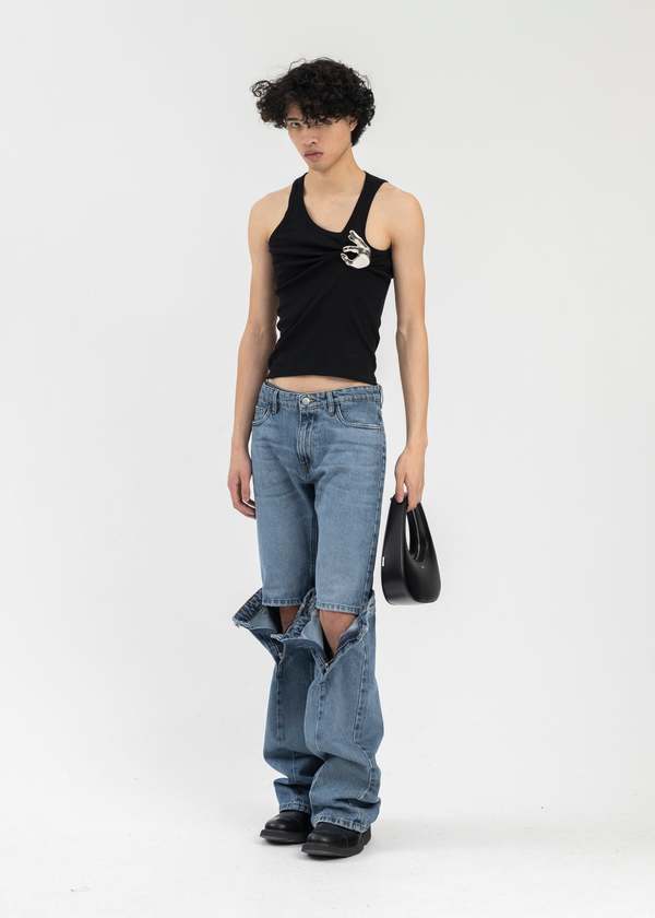 Coperni WASHED BLUE OPEN KNEE JEANS - Blue | Garmentory