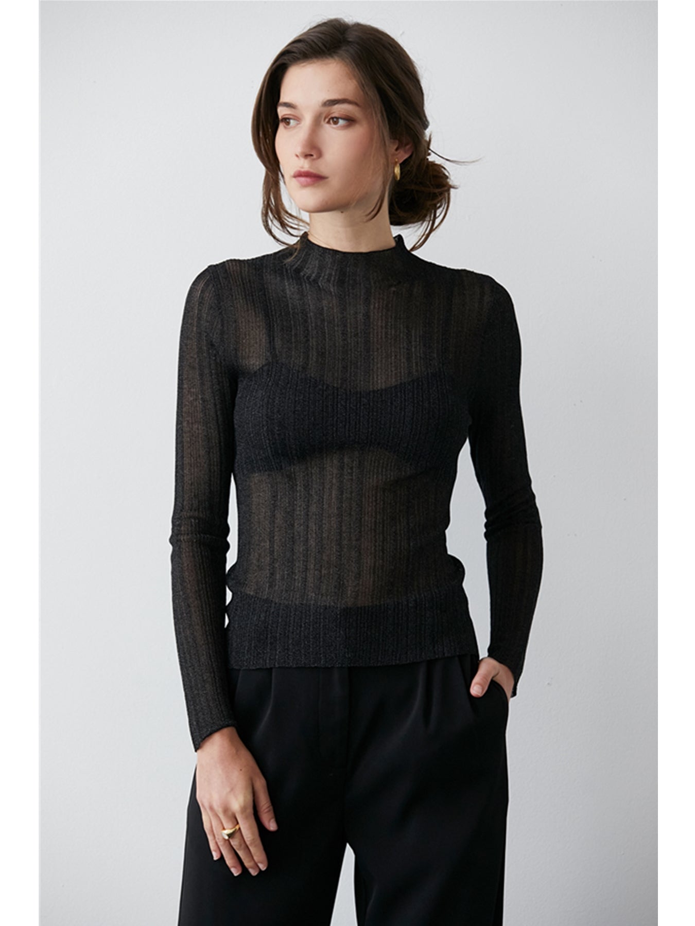 Crescent Dane Mock Neck Sheer Top - Black | Garmentory