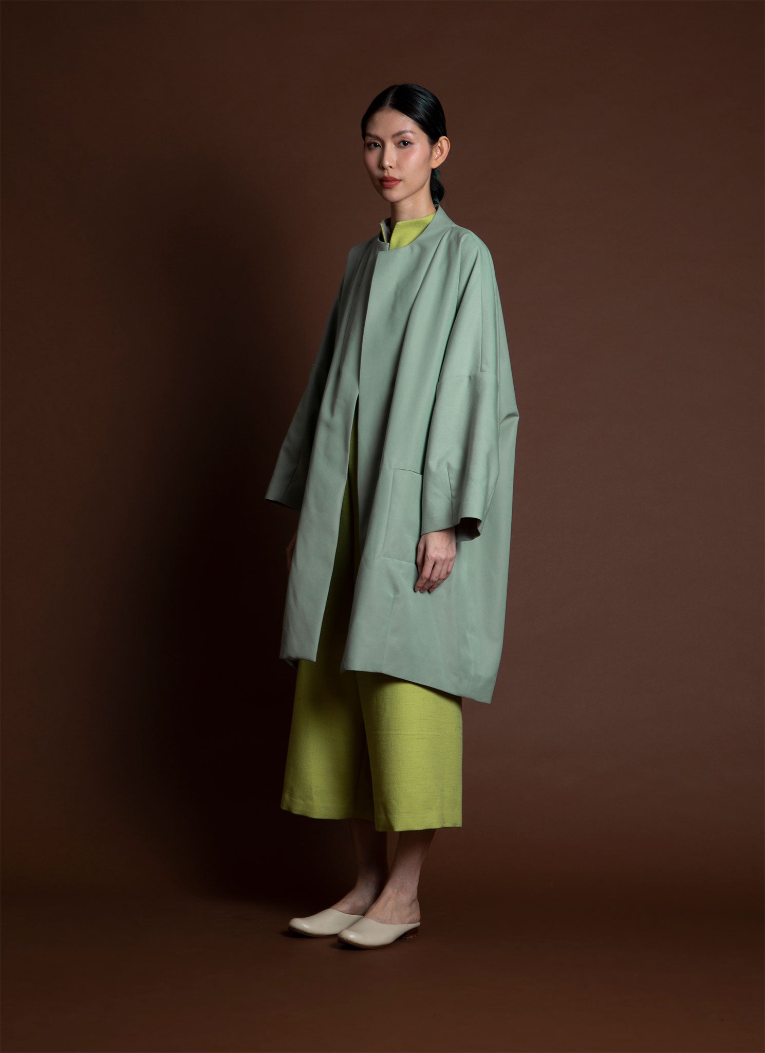KAAREM Arum Dropped Sleeve Long Zipper Coat - Sage Green | Garmentory