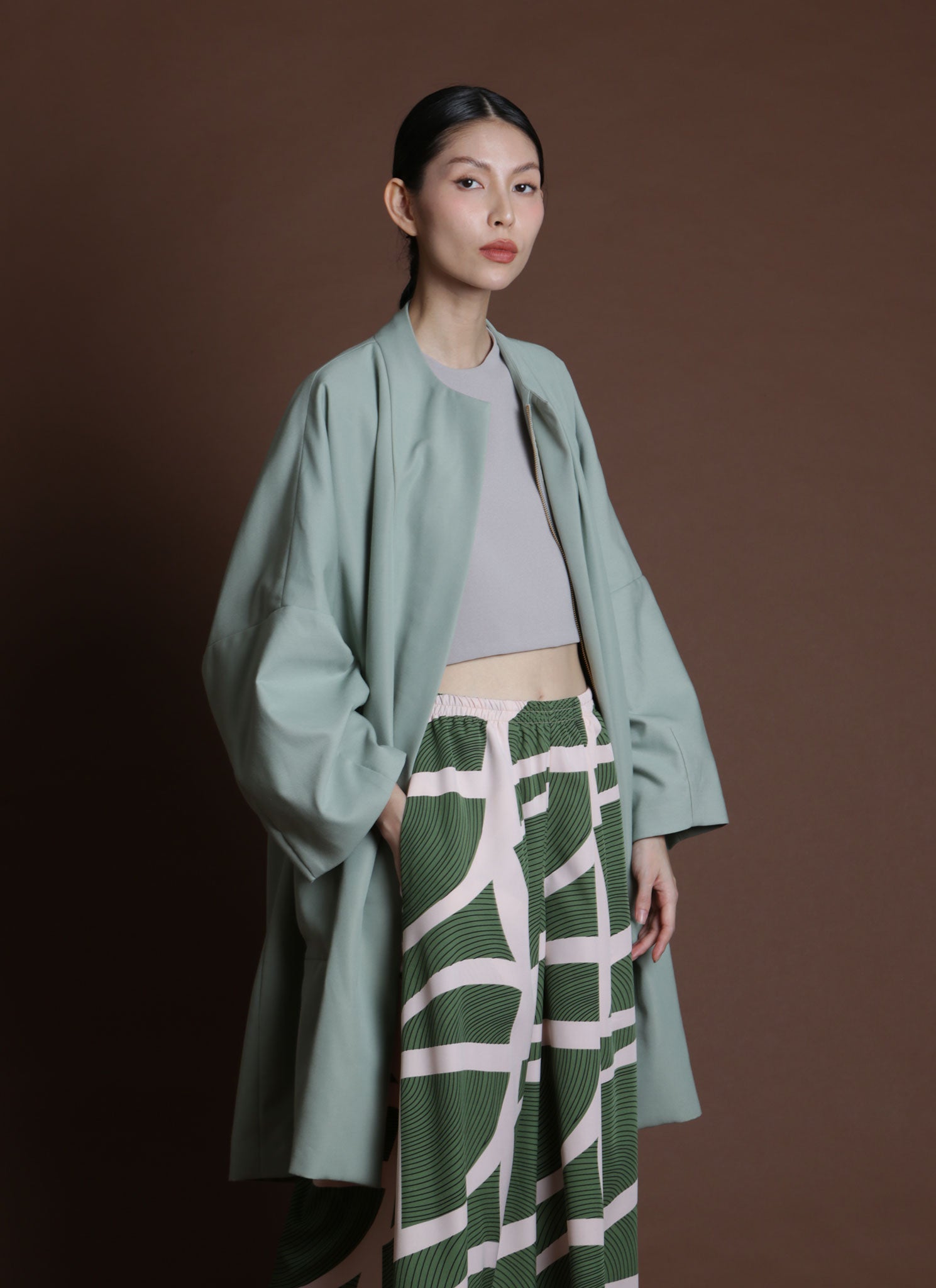 KAAREM Arum Dropped Sleeve Long Zipper Coat - Sage Green | Garmentory