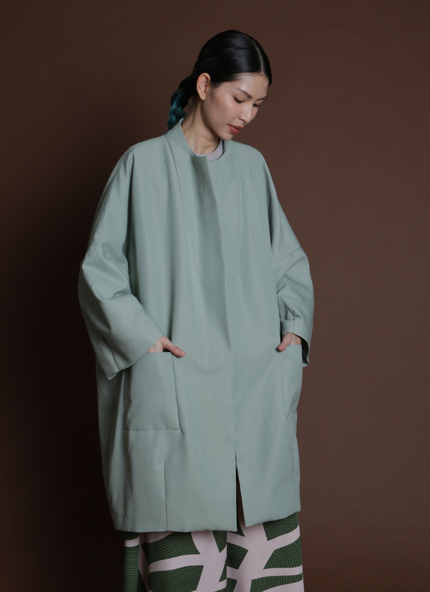 KAAREM Arum Dropped Sleeve Long Zipper Coat - Sage Green | Garmentory