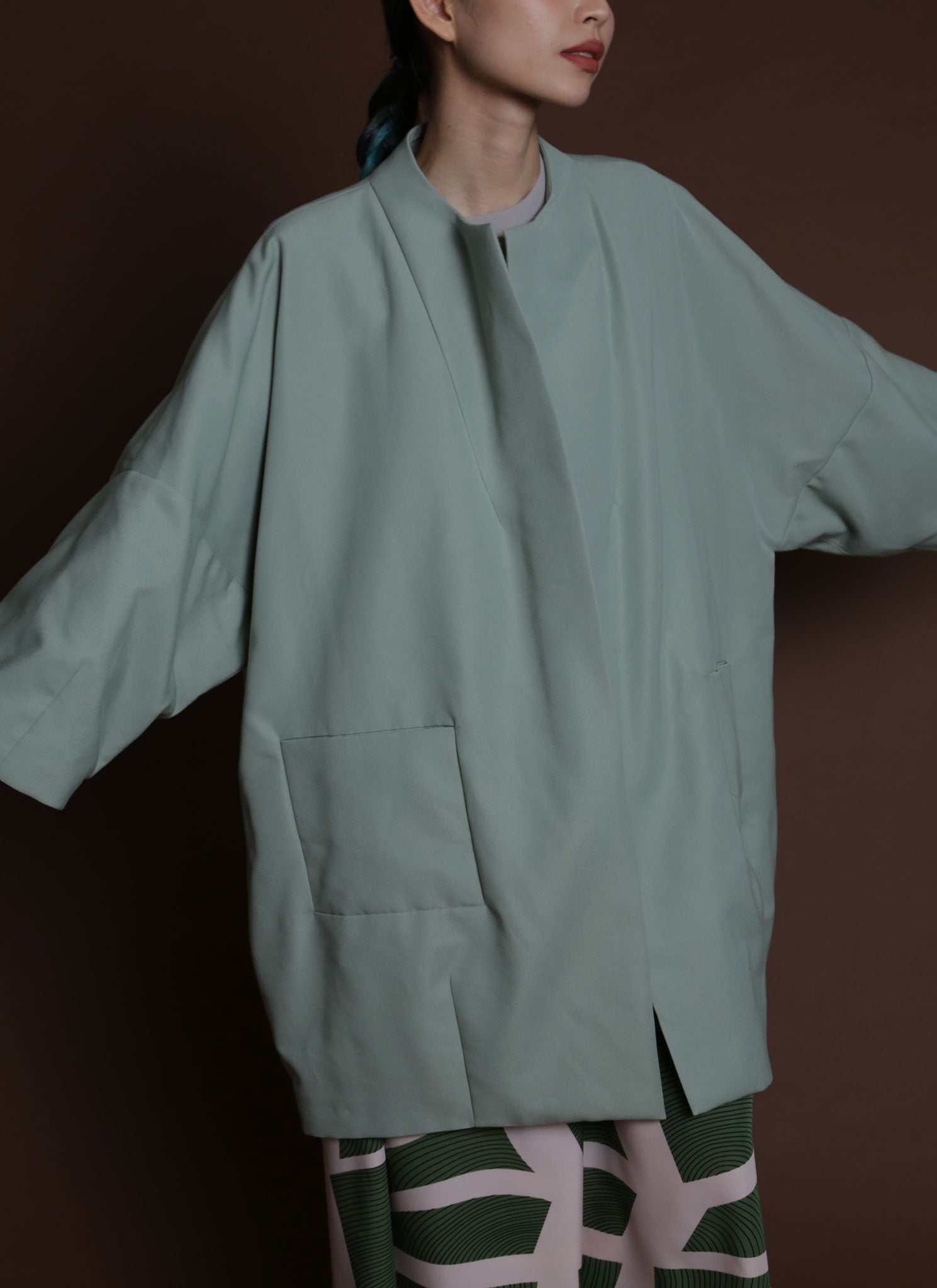 KAAREM Arum Dropped Sleeve Long Zipper Coat - Sage Green | Garmentory