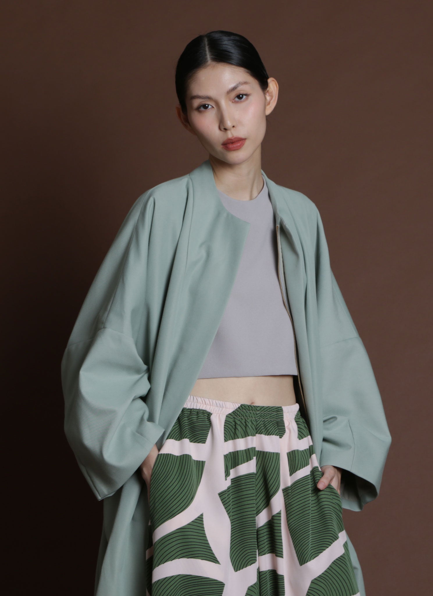 KAAREM Arum Dropped Sleeve Long Zipper Coat - Sage Green | Garmentory