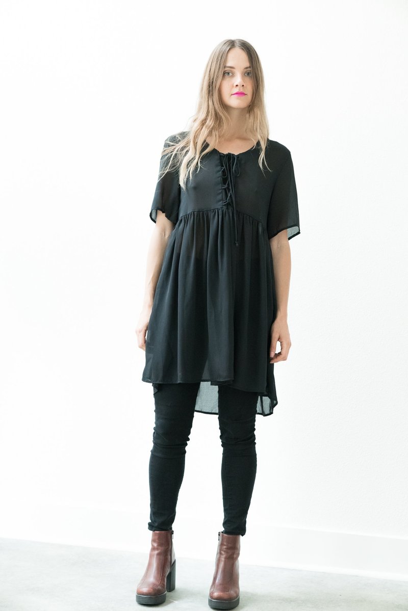 Backtalk PDX Vintage Sheer Black Lace Up Babydoll Dress | Garmentory