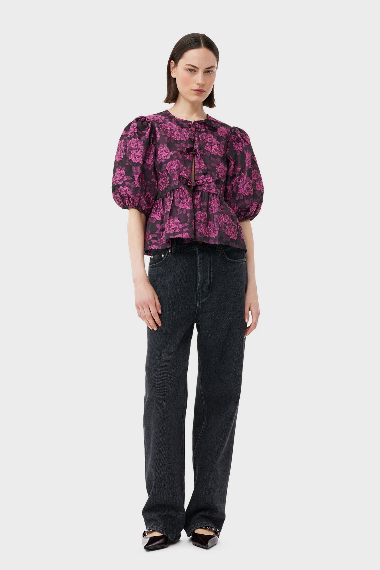 Ganni Botanic Jacquard Peplum Blouse - Cone Flower | Garmentory