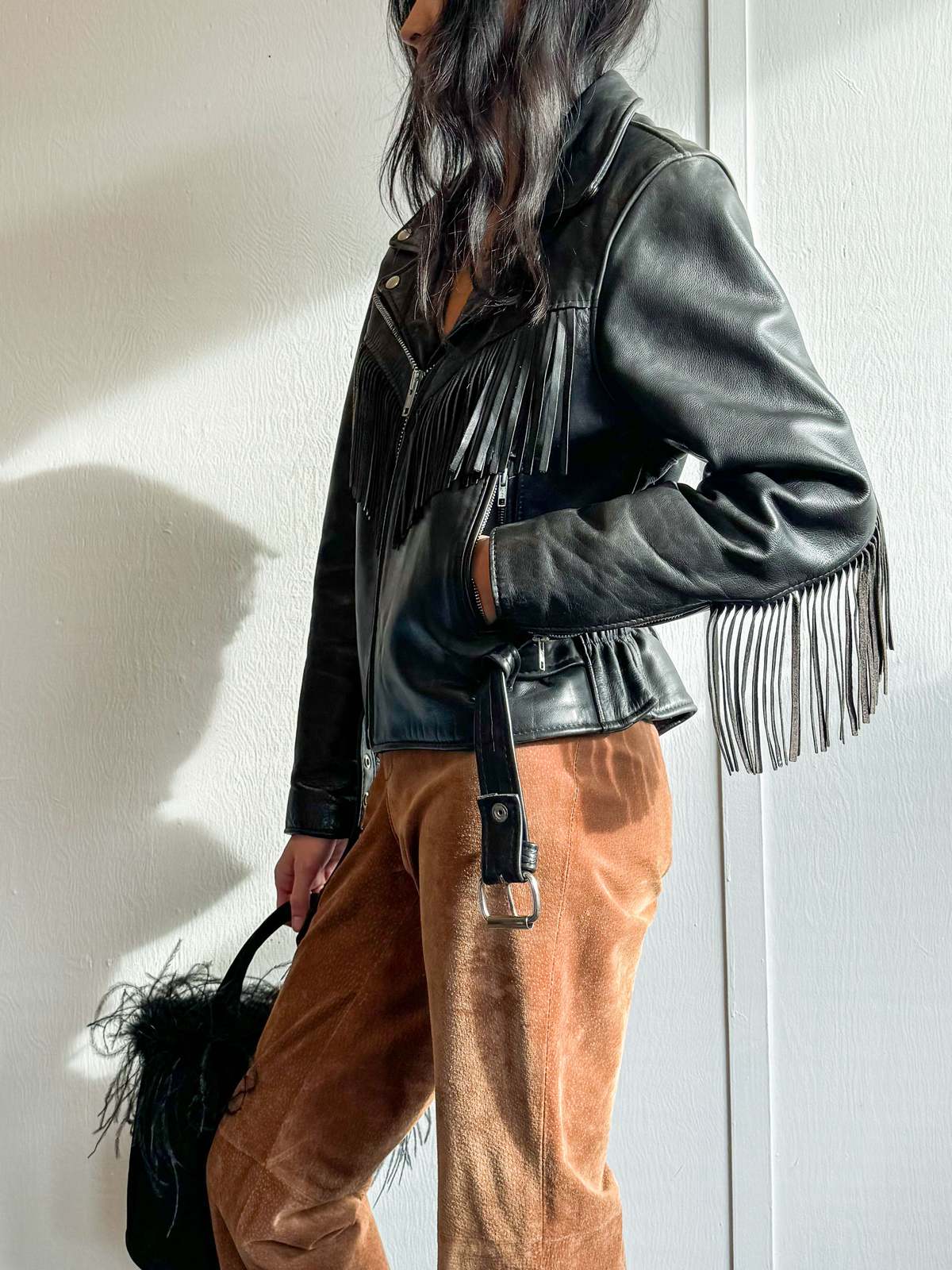 Leather Fringe Motorcycle Jacket - Black | Garmentory