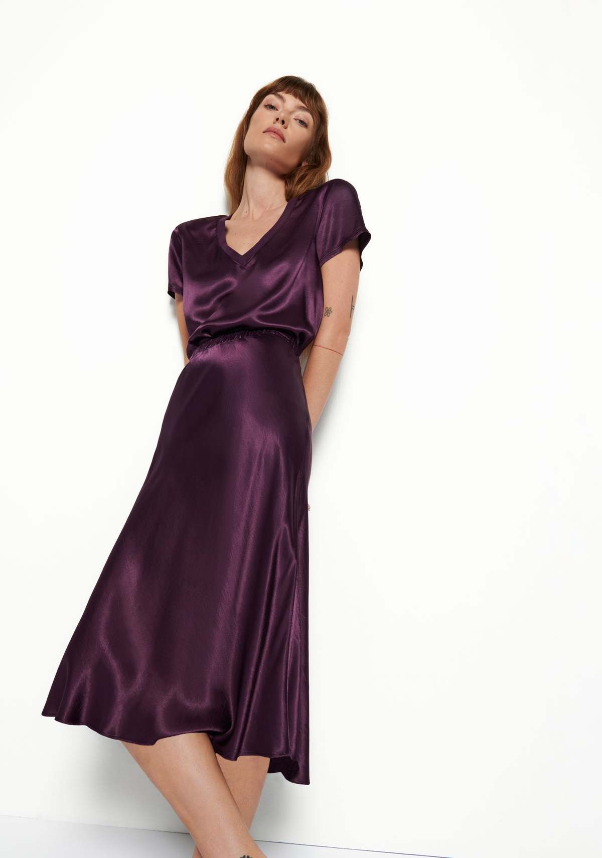 Nation Ltd Mabel Satin Midi Skirt - Fig Jam | Garmentory