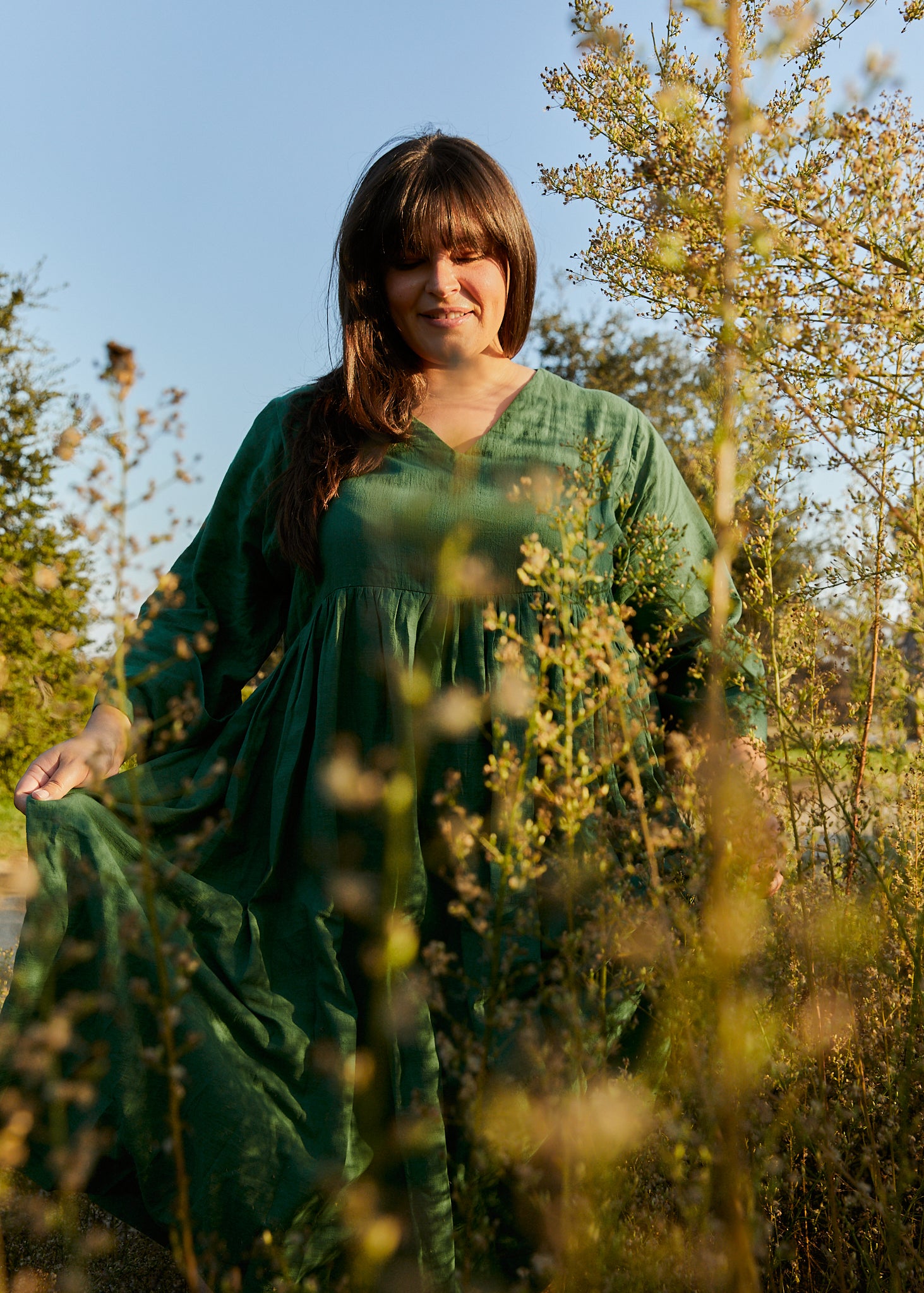 World Of Crow Gathered Midi Dress - Basil Green | Garmentory