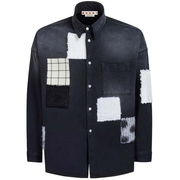 Marni Bull Denim Shirt With Patterned Patches - Black | Garmentory
