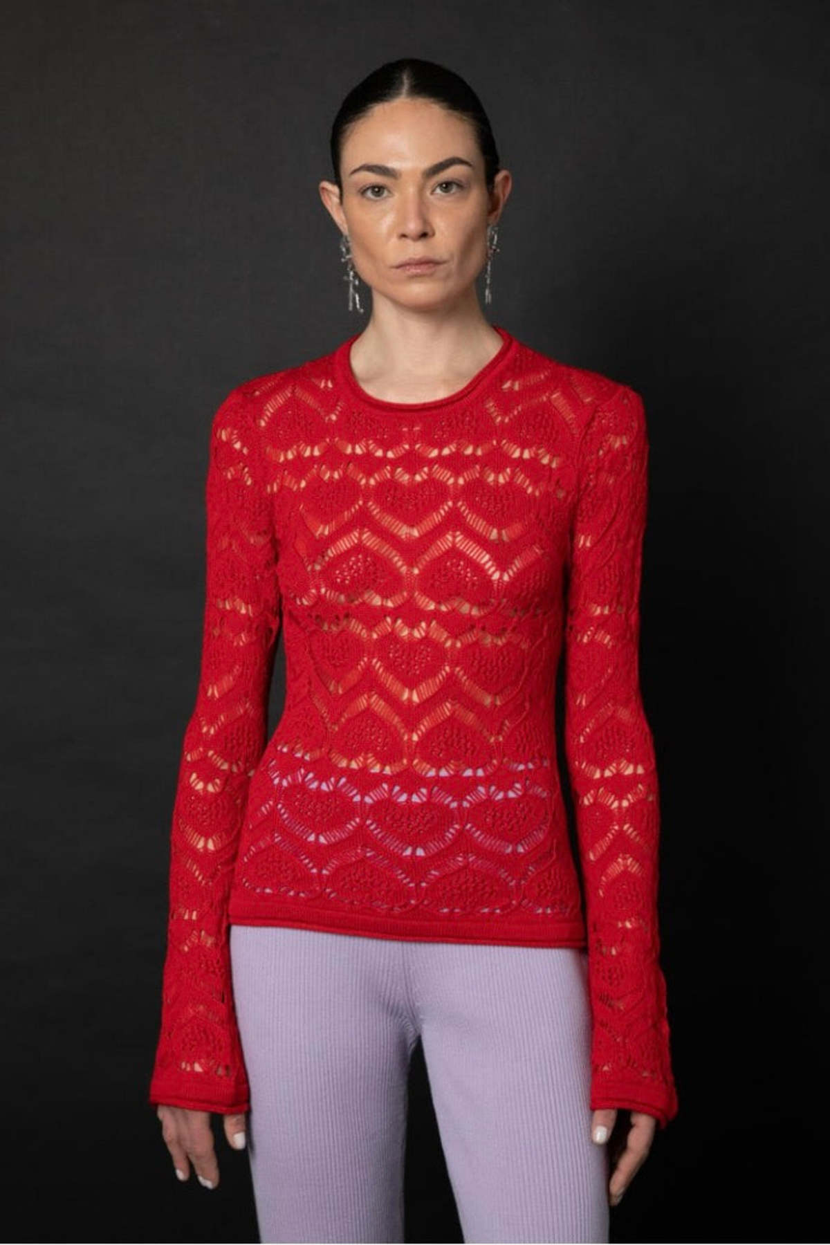 Marco Rambaldi Knitwear Lace Heart Round Neck Sweater - Red | Garmentory