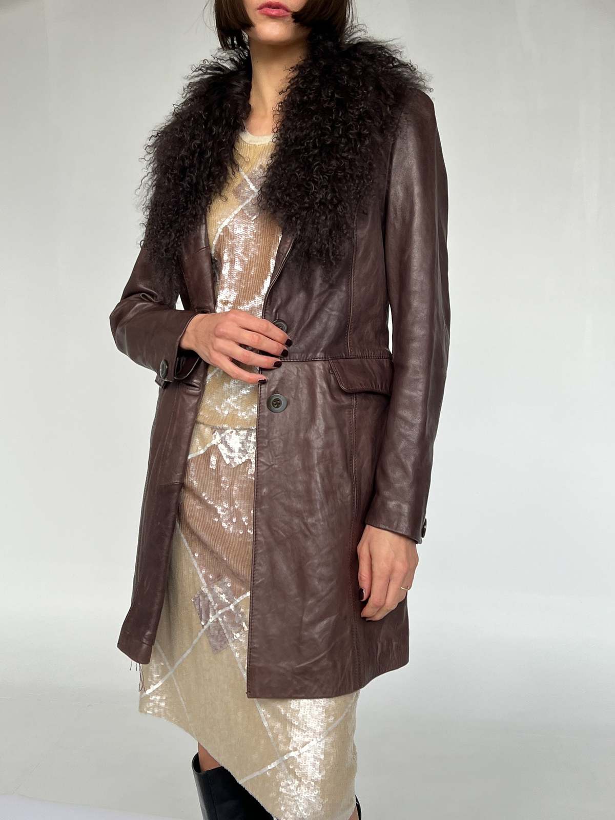 Vintage Curly Collared Leather Coat - Chocolate | Garmentory