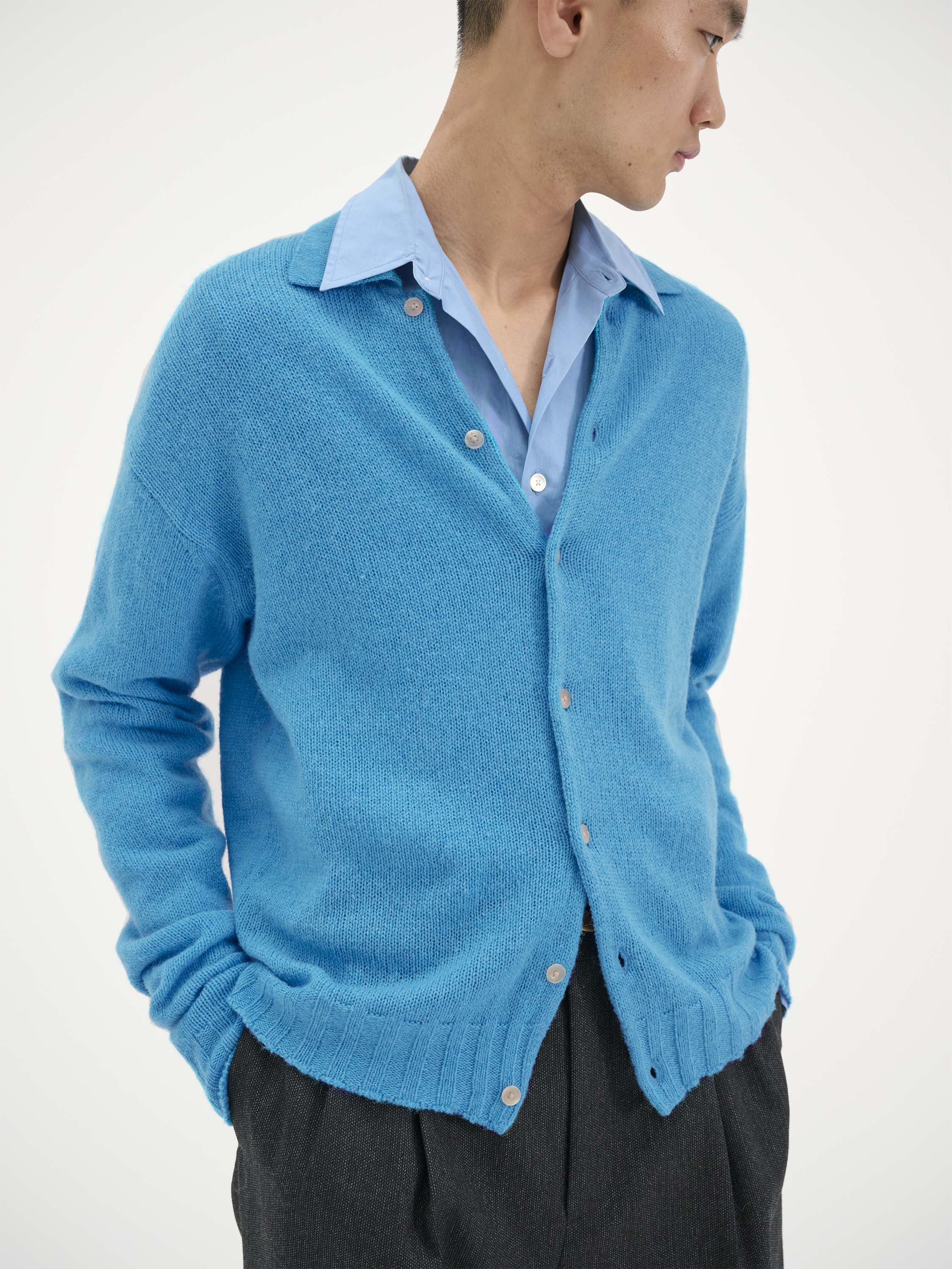 Auralee Shetland Wool Cashmere Knit Cardigan - Turquoise Blue | Garmentory