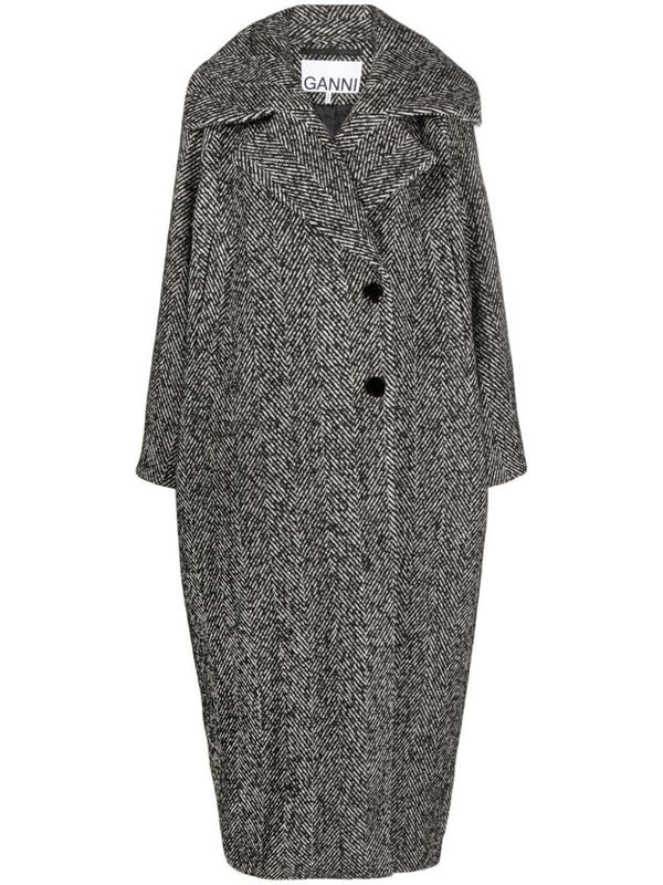 Ganni HERRINGBONE WOOL COAT - Black | Garmentory