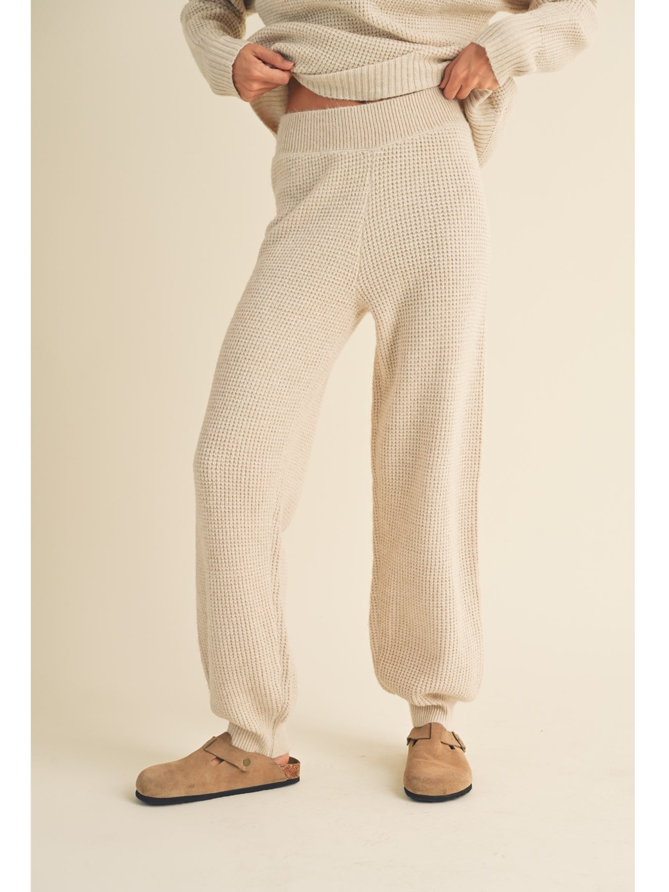 Miou Muse Ximena Waffle Pattern Sweater Jogger Pants - Oatmeal | Garmentory