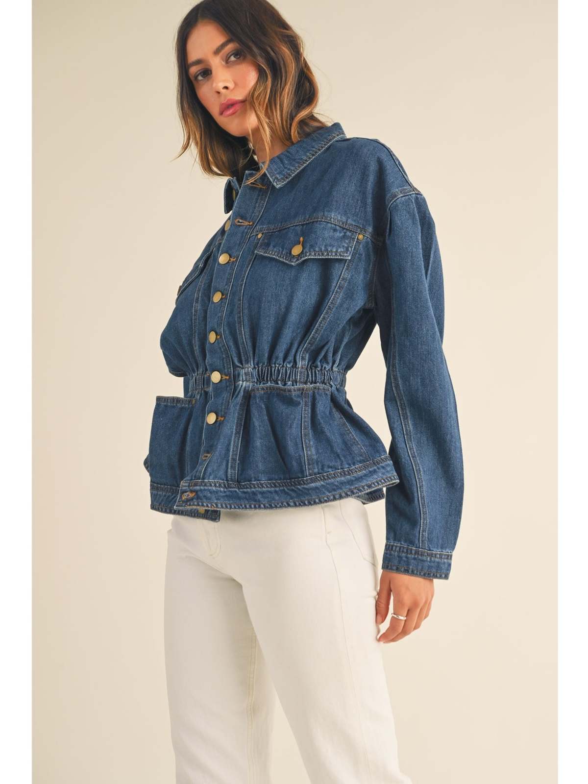 Mable Valerie Peplum Denim Jacket - Dark Denim | Garmentory