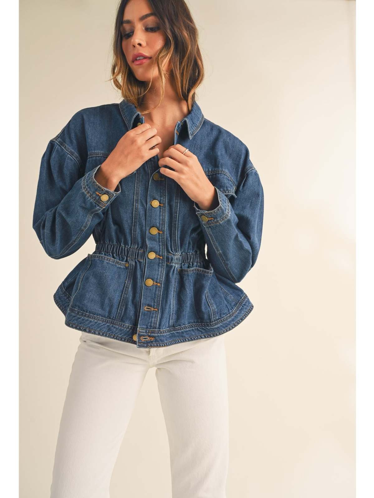Mable Valerie Peplum Denim Jacket - Dark Denim | Garmentory