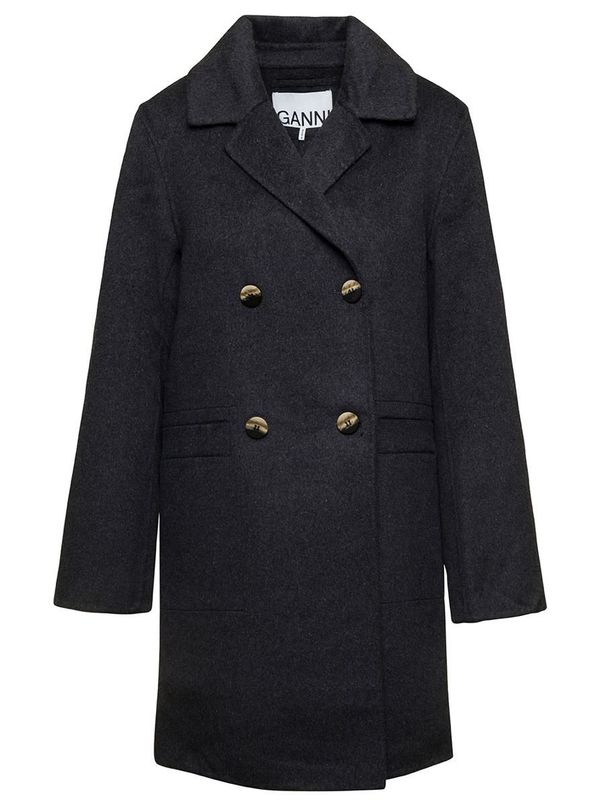 Ganni Midi Grey Double-Breasted in Wool Blend Coat - Black | Garmentory