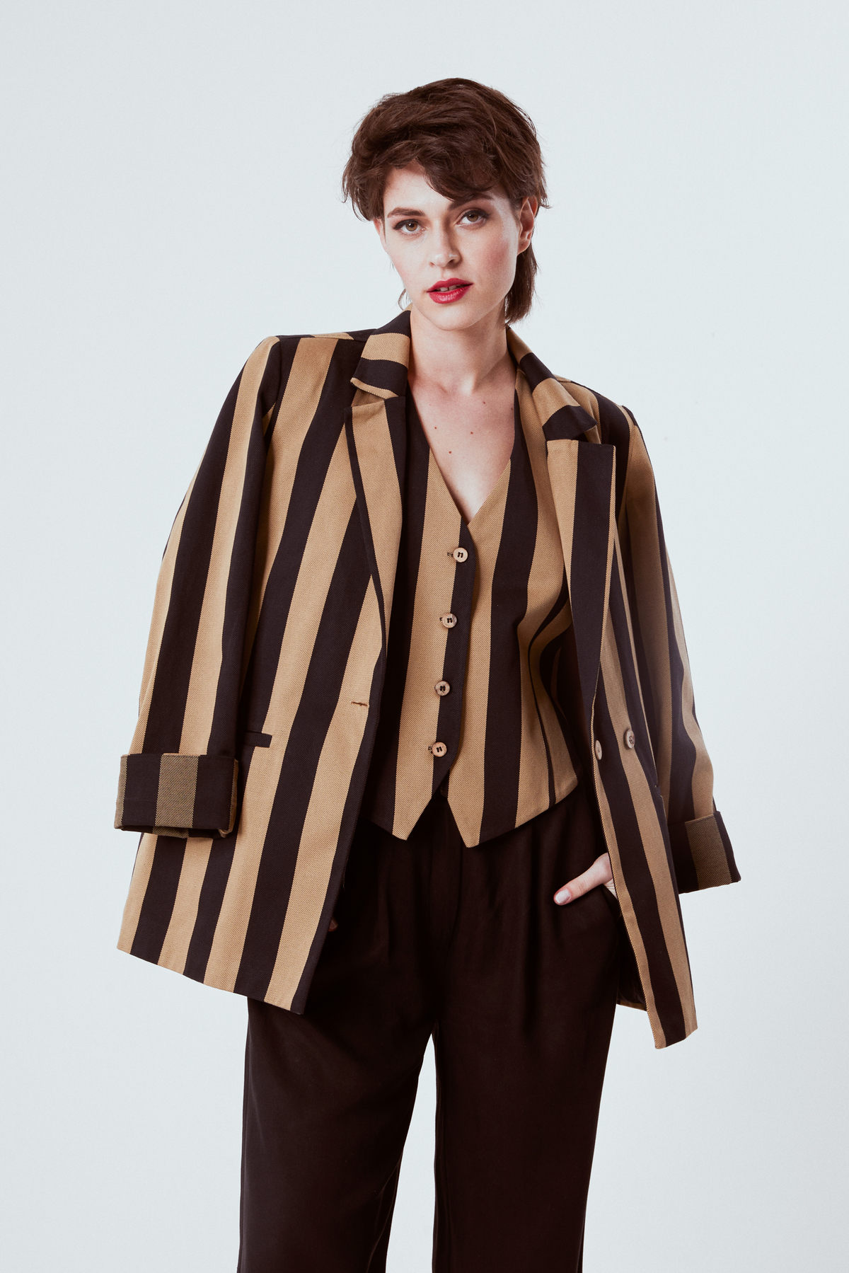 Giyi Blazer - Black/Beige Stripes | Garmentory