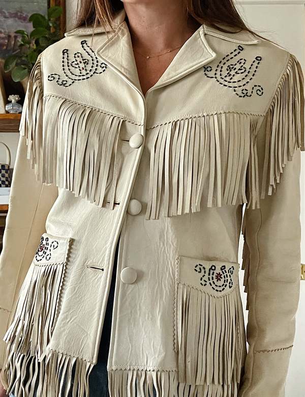 1960s Beaded Western Fringe Jacket - Ivory | Garmentory