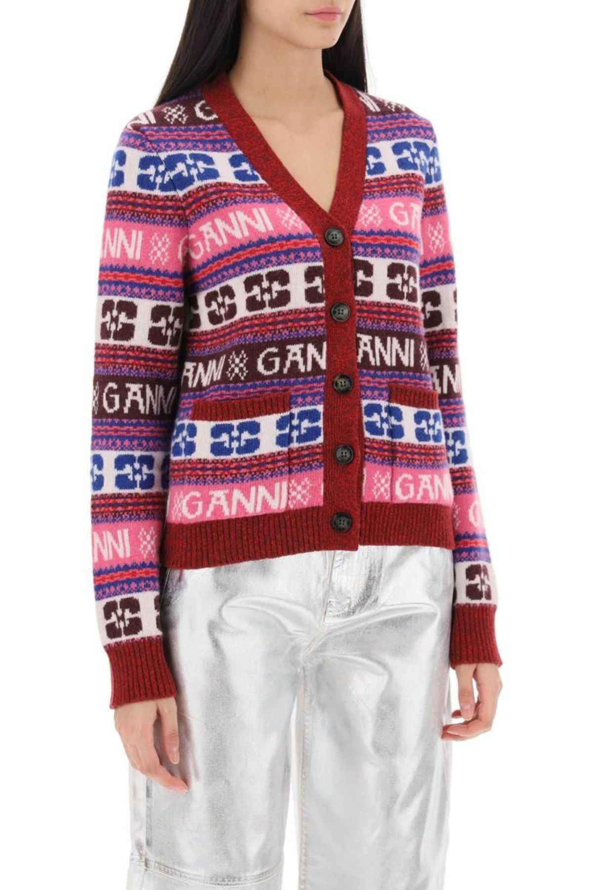 Ganni jacquard wool cardigan with logo pattern | Garmentory