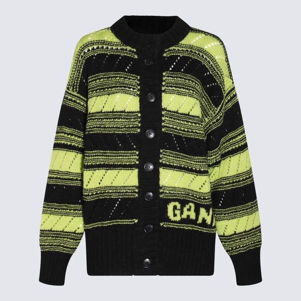 Ganni WOOL CARDIGAN - BLACK/LIME GREEN | Garmentory