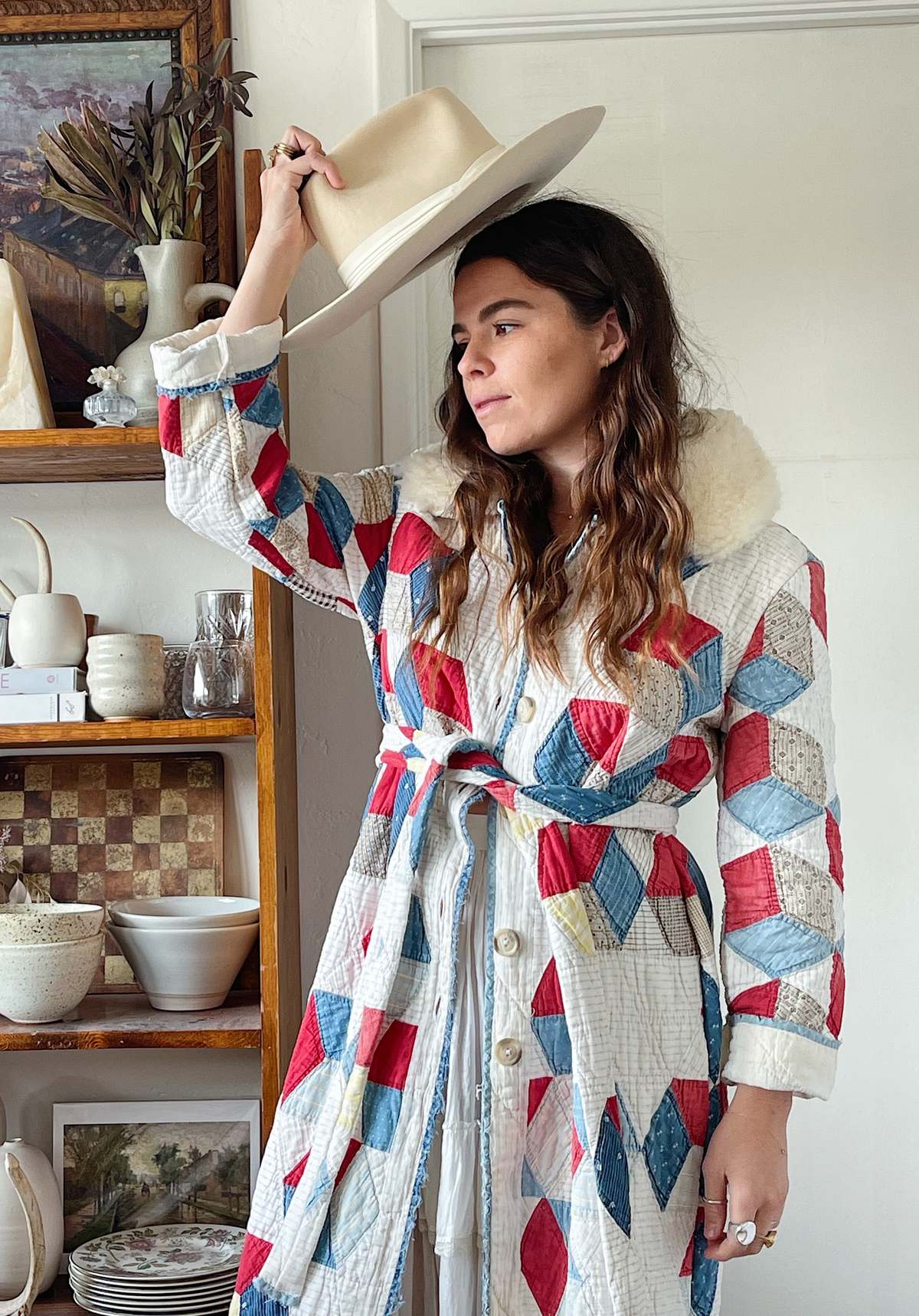 Calico Shearling Quilt Duster - Indigo/Red | Garmentory
