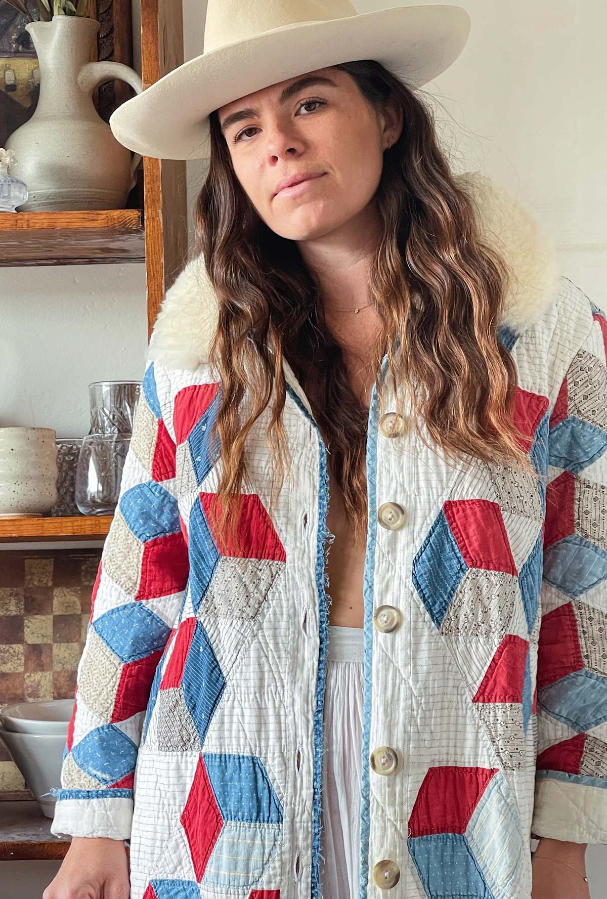 Calico Shearling Quilt Duster - Indigo/Red | Garmentory
