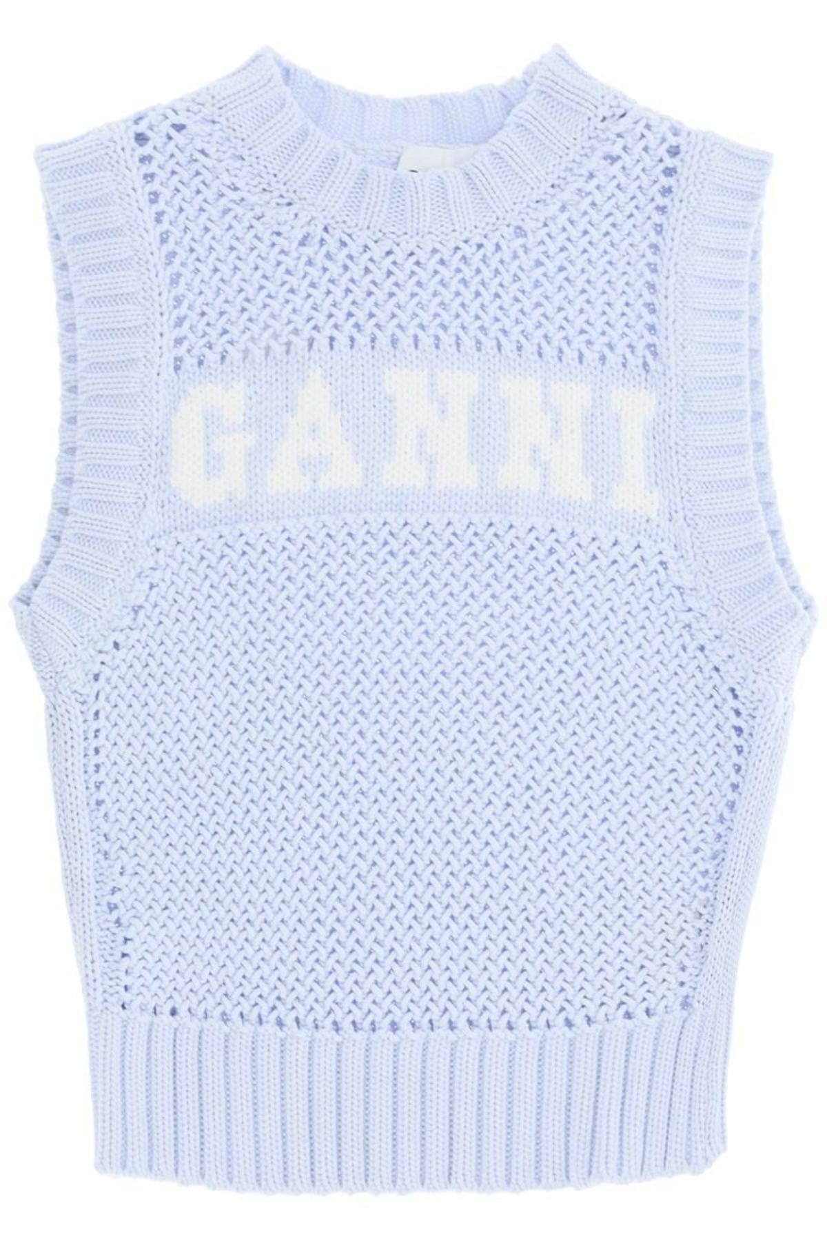 Ganni open-stitch knitted vest with logo | Garmentory