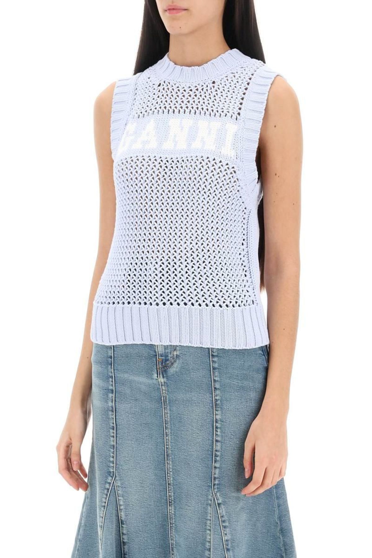 Ganni open-stitch knitted vest with logo | Garmentory