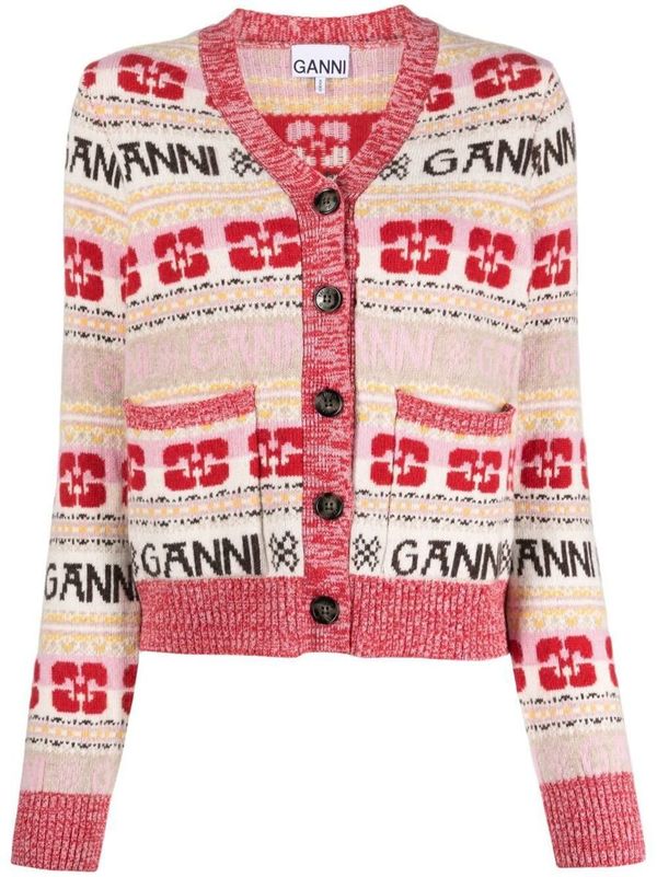 Ganni LOGO WOOL MIX CARDIGAN CLOTHING - Multi | Garmentory