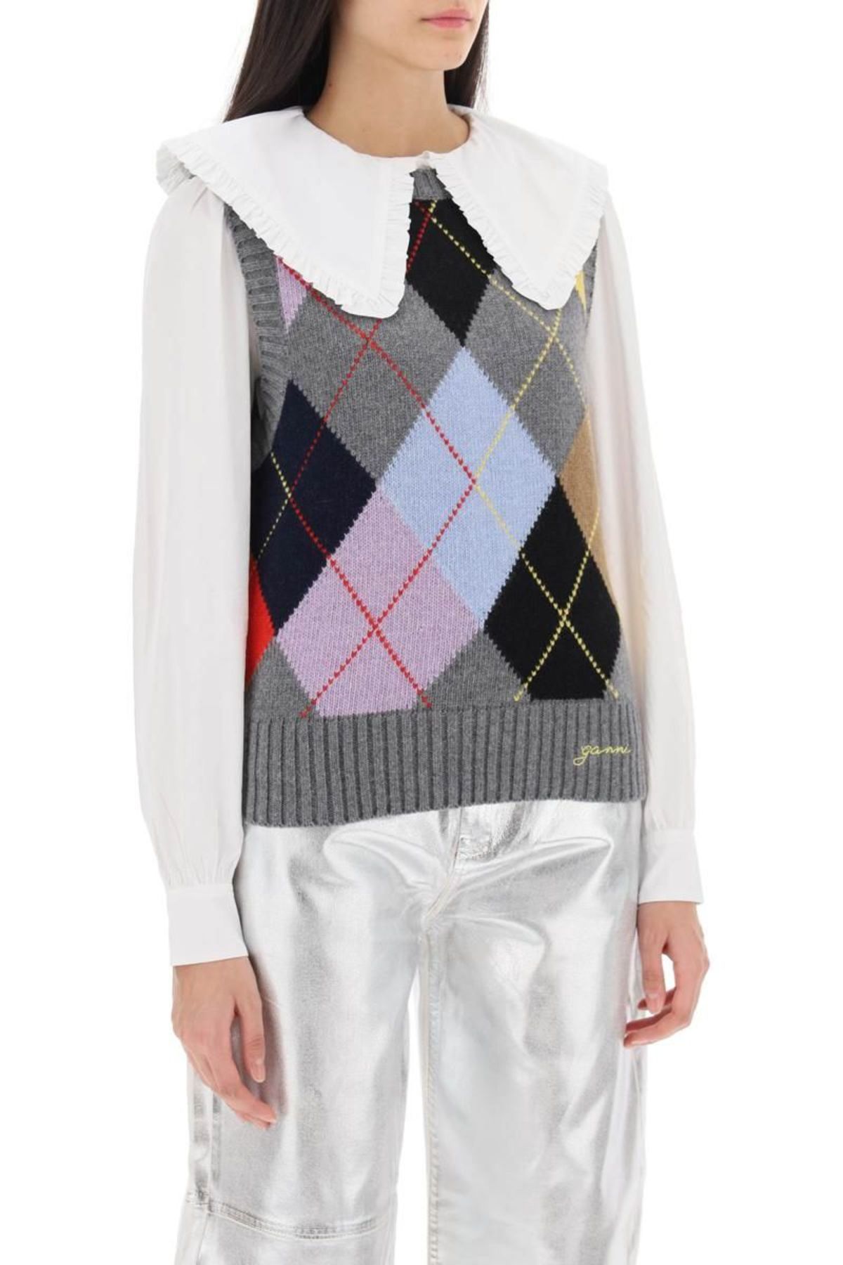 Ganni wool vest with argyle pattern | Garmentory