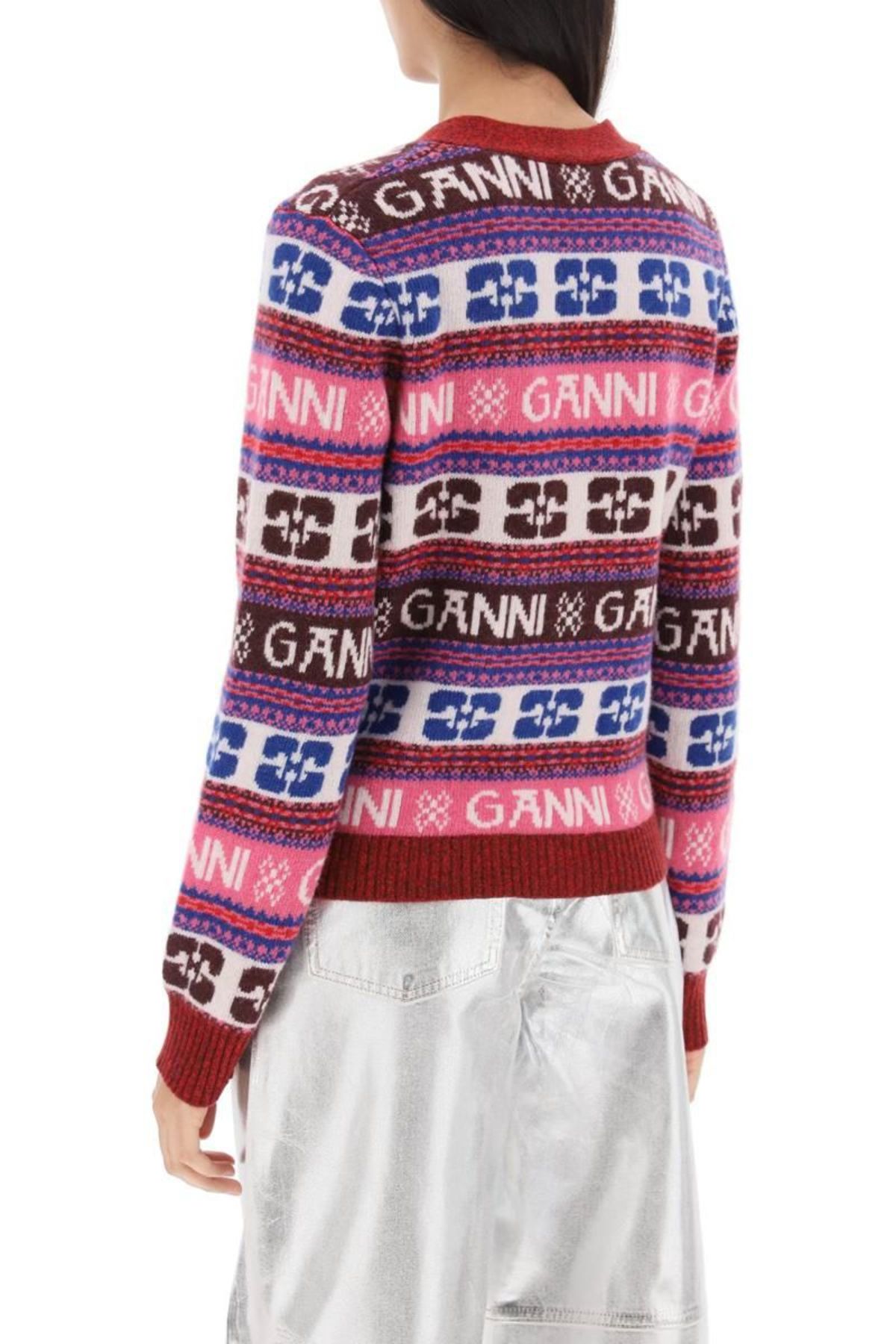 Ganni jacquard wool cardigan with logo pattern - Multi | Garmentory