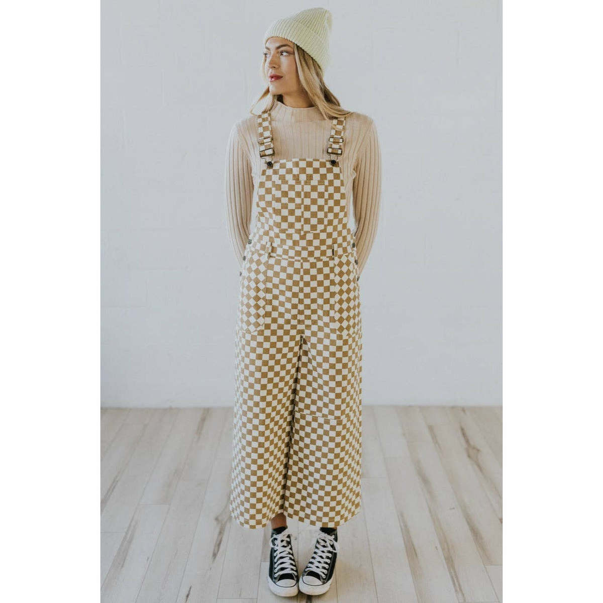 Roolee Retro Checkered Overalls - Light Brown/Cream Checkered Print ...