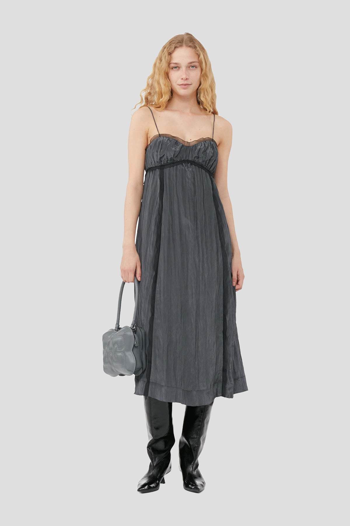 Ganni Shiny Tech Strap Midi Dress - Gray Pinstripe | Garmentory