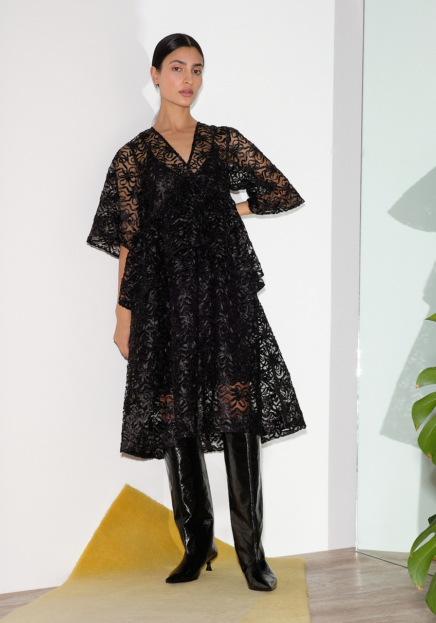 Ganni Ribbon Tulle Flounce Midi Dress - Black | Garmentory