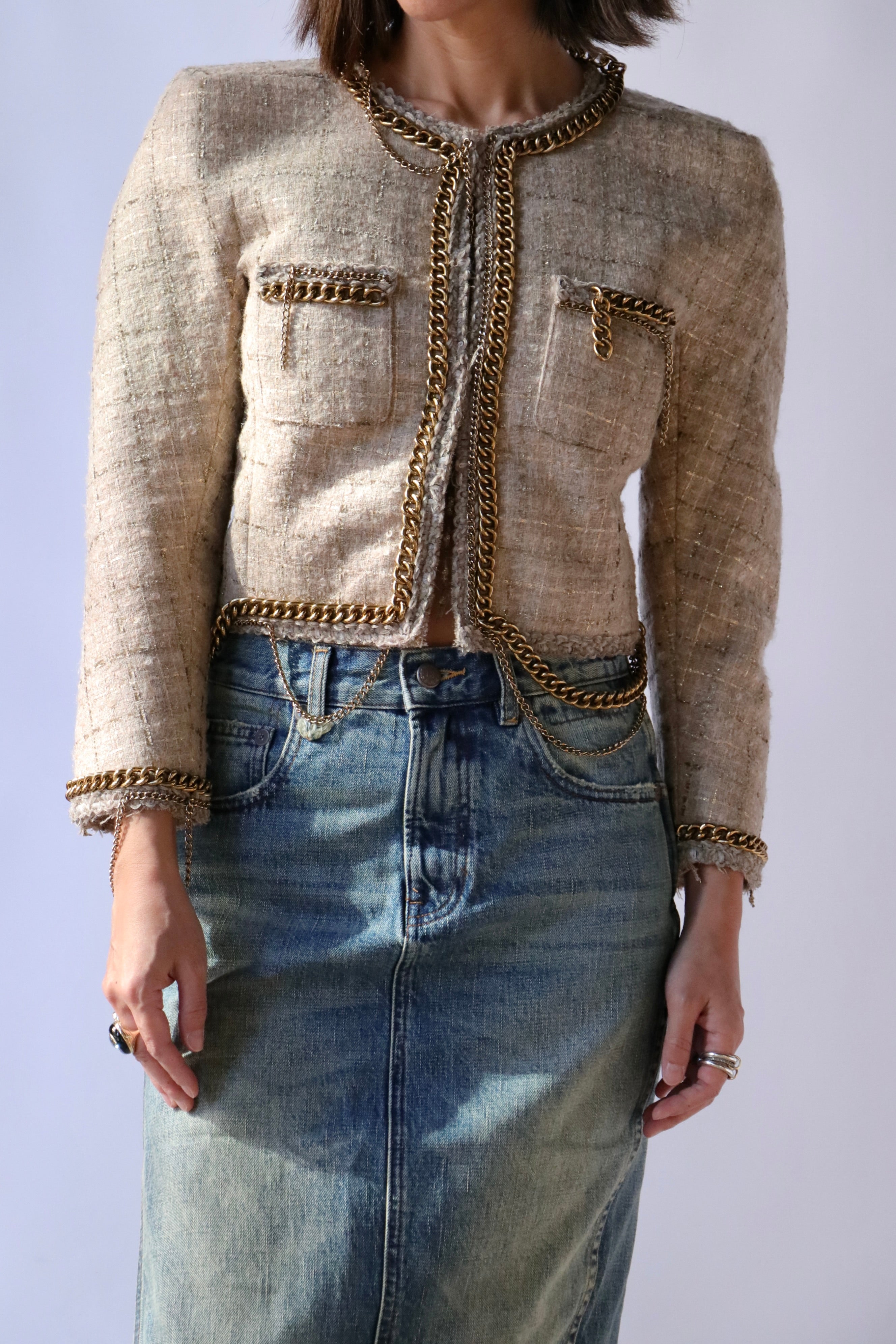 R13 Square Shoulder Tweed Jacket - Beige | Garmentory