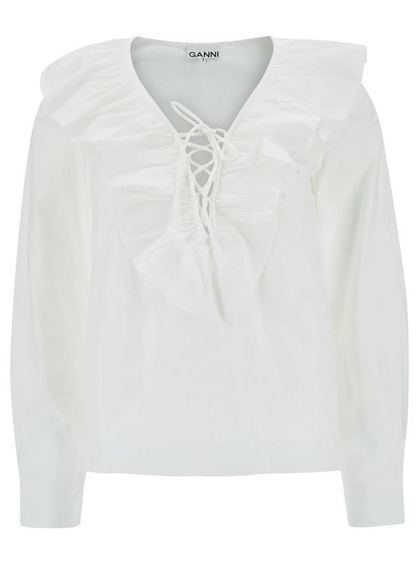 Cotton Poplin Ruffle V-neck Blouse | Garmentory